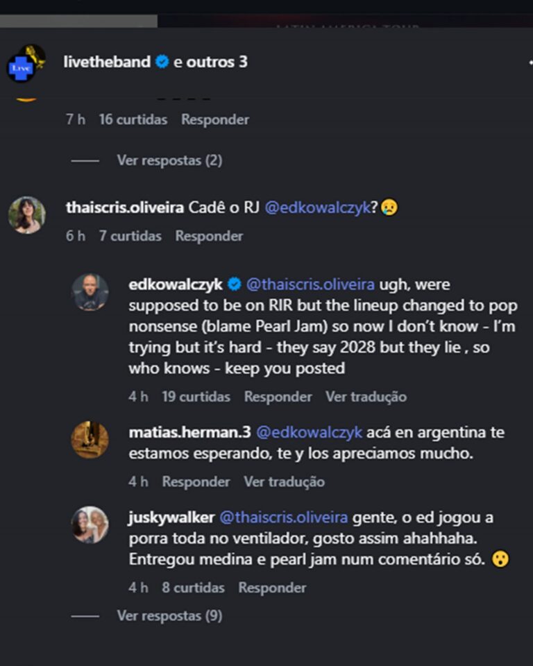 Pearl Jam e Live iriam tocar no Rock in Rio 2026, segundo Ed Kowalczyk
